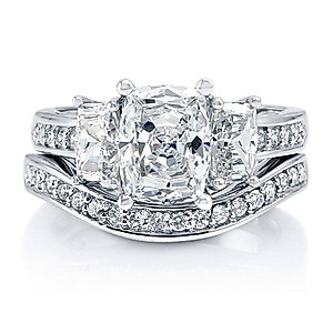 BERRICLE Sterling Silver 3-Stone Wedding Engagement Rings Cushion Cut Cubic Zirconia CZ Ring Set for Women, Rhodium Plated Size 7