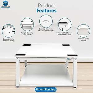 EZ Laundry | Upgraded 28” Universal Pedestal – 700lbs Capacity, Raises 16” with Built-in Drain Pan + Hose, Adjustable Feet, Anti-Vibration & Storage Shelf fits 27" or 28" Washer & Dryer (White)
