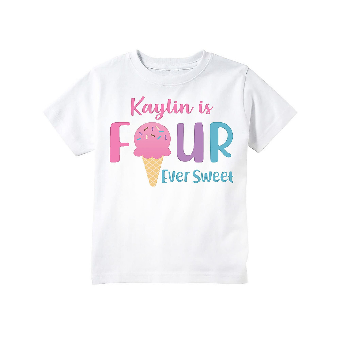 Happy Lion Clothing - Ice Cream Theme Birthday Party T-shirt for Girls for 4th birthday with Custom Name, Four-ever Sweet