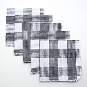 PurpleEssences Waffle Weave Plaid Dish Cloths, 100% Cotton - 12 x 12 Inches, Ultra Soft Absorbent Quick Drying Dish Towels Buffalo Check Dish Rags for Kitchen, 8-Pack - Grey & White