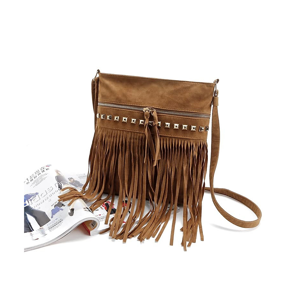 Women Hobo Fringe Crossbody Bag Vintage Small Bohemian Tassel Shoulder Bag Studded Faux Suede Western Hippie Boho Purse (Brown,One Size)