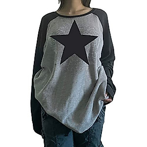 Pooyikoi Y2K Pullover T-Shirts Women Contrast Patchwork Grunge Harajuku Clothes Full Sleeve Preppy Long Sweats Tops (Style1,M,Medium)