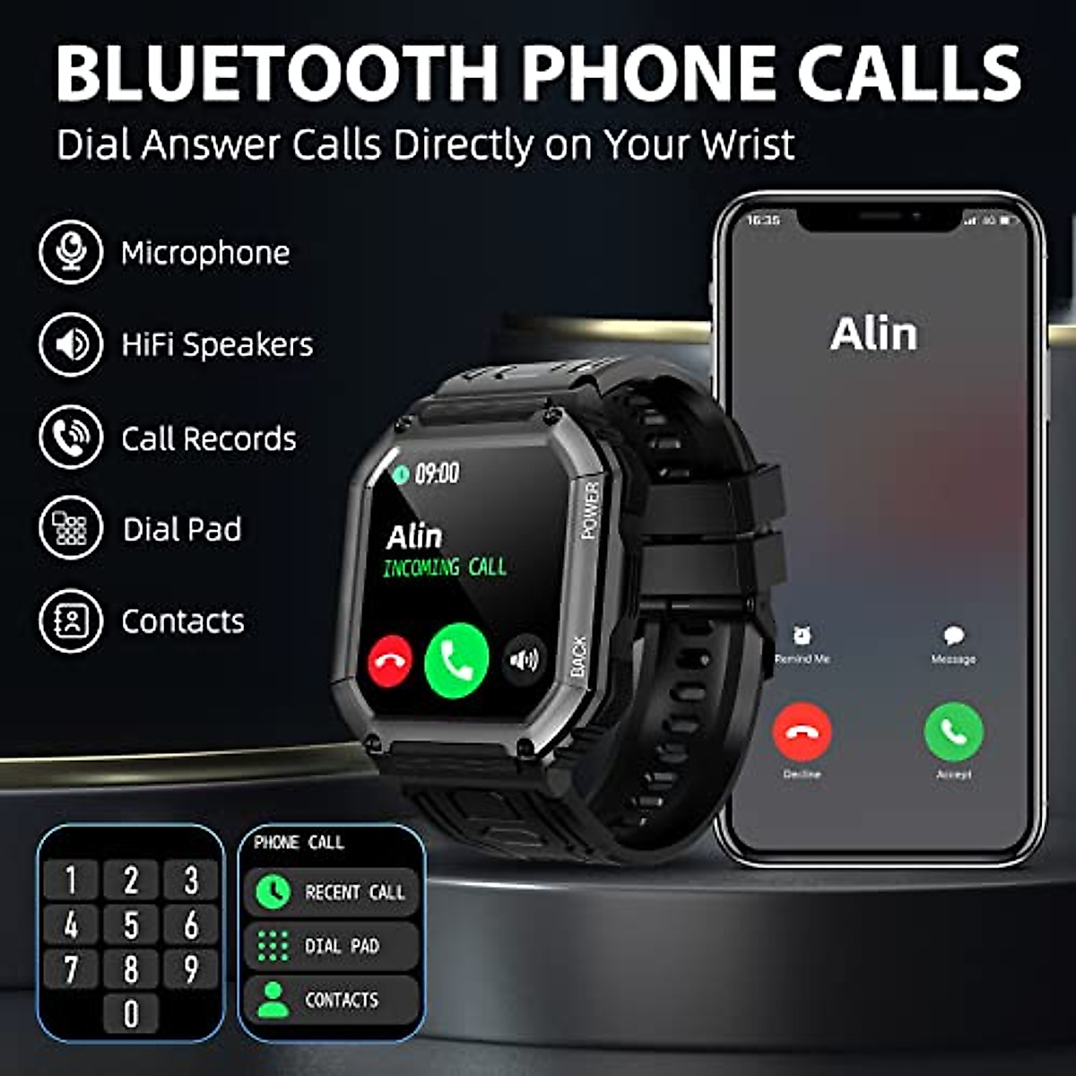 Hemisol Military Smart Watches for Men,5ATM Waterproof Outdoor Fitness Tracker with Bluetooth Call(Answer/Make Calls),1.8" Smart Watch with Sleep Monitor for Android iPhone