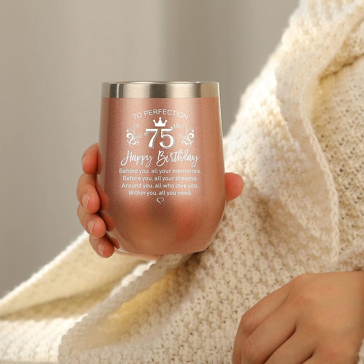 LAMCEPLU 75th Birthday Gifts for Women, Happy 75th Birthday Decorations for Women, Funny 75 Year Old Birthday Gift for Her, Mom, Grandma, Aunt, Friend- 12oz Stainless Steel Insulated Wine Tumbler