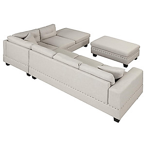 P PURLOVE Sectional Sofa with Reversible Chaise and 2 Pillows, Linen L-Shaped Sofa with Storage Ottoman and Cup Holders, Sectional Couche Living Room Furniture Sets (Light Gray)