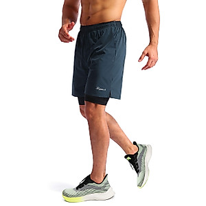 Pudolla Men’s 2 in 1 Running Shorts 7" Quick Dry Gym Athletic Workout Shorts for Men with Phone Pockets(Navy Blue Medium)