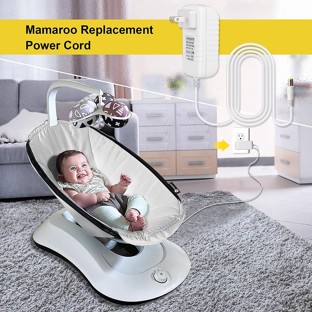 UAUSE 12V 3A Replacement for 4moms mamaroo Power Cord,for 4moms mamaroo 2/4,Rockaroo Baby Swings Charger,Compatible with mamaroo 2015 Infant Seat Bouncer (6.4Ft Length)