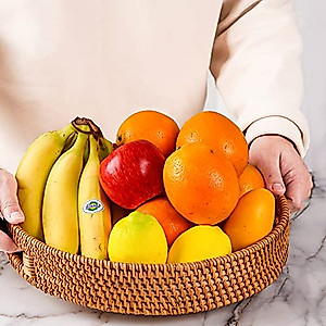 FIYAMMY Large Round Rattan Serving Tray Set of 2, Woven Tray with Handles Serving Basket Wicker Fruit Bread Serving Basket for Coffee Table(13.8in x 2.8in；11.8in x 2.4in)