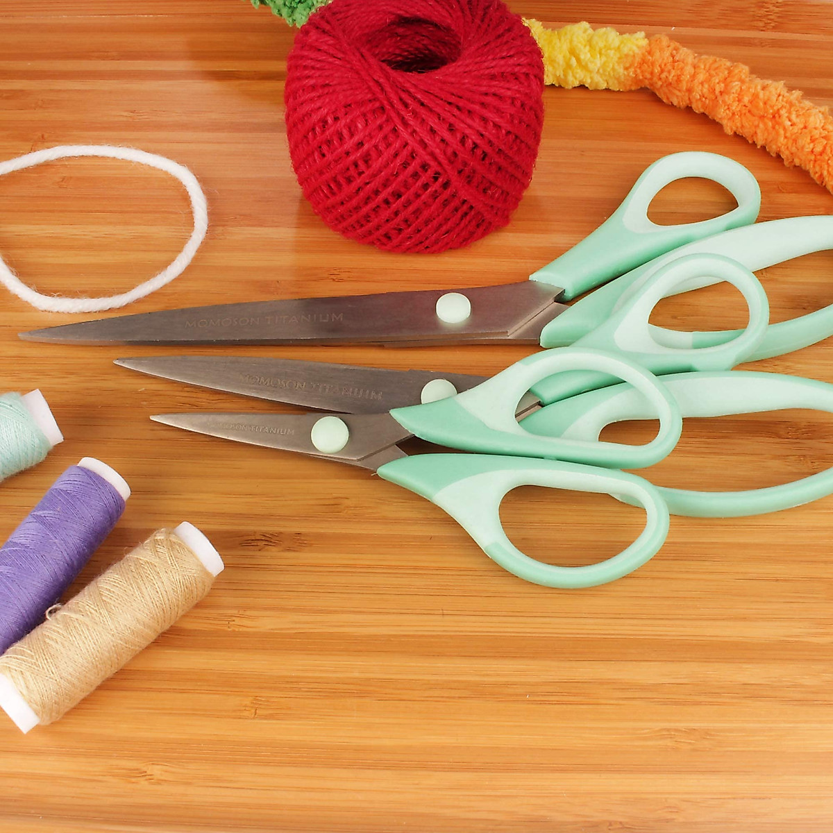 BambooMN Titanium Softgrip Scissors Set for Sewing, Arts, Crafts, Office - 1 set of 3 - Mint Green