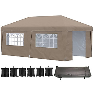 Outsunny 10' x 19.5' Pop Up Canopy Tent with Sidewalls, UPF 30+ Height Adjustable Large Party Tent Event Shelter with Leg Weight Bags and Wheeled Carry Bag for Garden, Patio, Brown