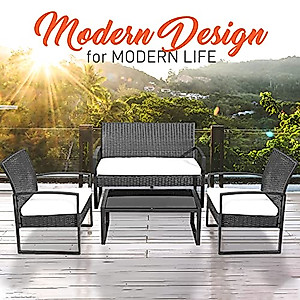 SereneLife 4 Piece Conversation/Chat Set, Outdoor Living Rattan Furniture, includes 1 Double & 2 Single Chairs with Cushion & 1 Glass-top Coffee Table, Black