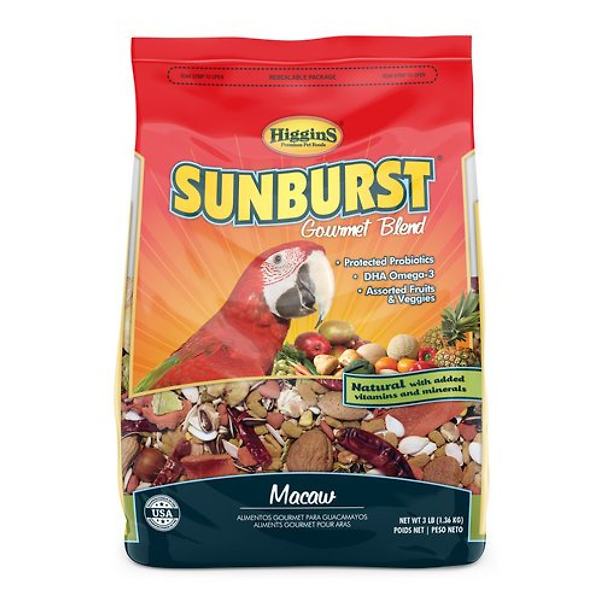 Higgins Sunburst Gourmet Blend Macaw Parrot Bird Food, 3 lb. Bag. Large Parrot Food