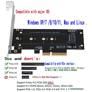 NVMe M.2 Adapter PCIe SSD to PCI-eX1/X4 / X8 / X16 Controller Expansion Card, M.2 (NGFF) SSD Pcie Adapter Converter Card with with Aluminum Heat Sink for M.2 (M Key) NVMe SSD 2280/2260/2242/2230