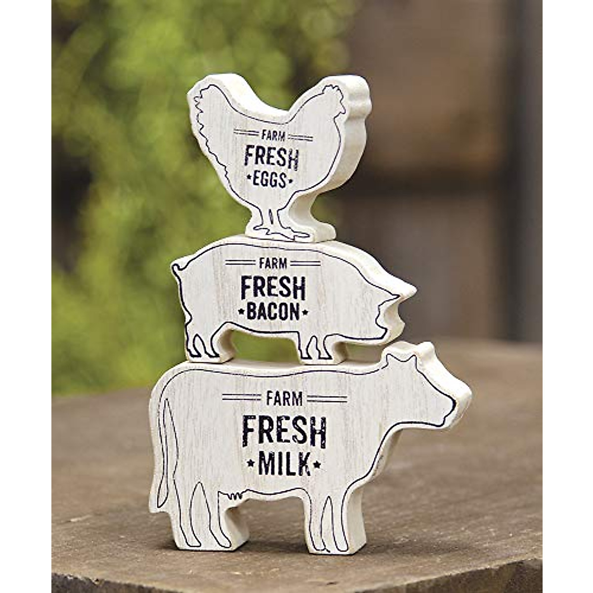 Oskal Farmhouse Animal Wood Shelf Sitter Stack - Set of 3 - Cow Pig Chicken - Fresh Milk Fresh Bacon Fresh Eggs - Country Distressed Decor