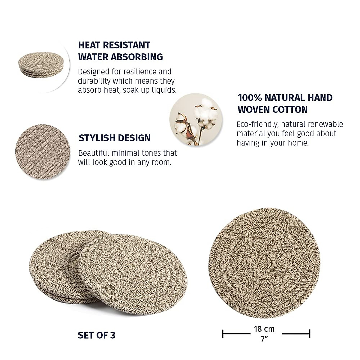 OrganiHaus Set of 3 Brown Farmhouse Hot Pads for Kitchen | 7" Cotton Pot Holders for Hot Plates to Protect Table | Hot Pads for Countertops | Trivets for Hot Dishes | Trivets for Hot Pots and Pans