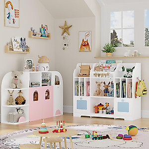 FACBOTALL Kids Bookshelf with 2 Drawers, 3 Tier Wooden Toy Storage Organizer, Wavy-Patterned Toy Box for Boys & Girls, Toddler Book Shelf for Kids Rooms, Nursery, Playroom, Living Room, White & Blue