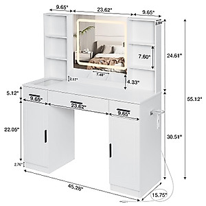 Vanity Desk with Mirror and Lights 45.3“W Makeup Desk with Drawers and Cabinet Vanity Table with Led Light Big Makeup Table with Charging Station Dressing Table with Glass Top for Bedroom White
