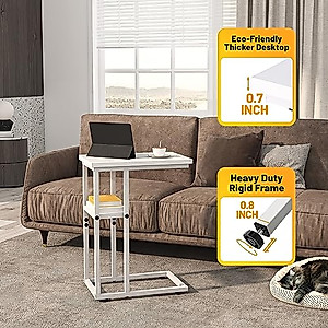 2 Tier C Shaped End Table with Metal Frame, Sturdy C Table Side Table for Couch Sofa Bedside Small Space, C Snack Table TV Tray Record Player Stand Small Tables for Living Room Bedroom, White