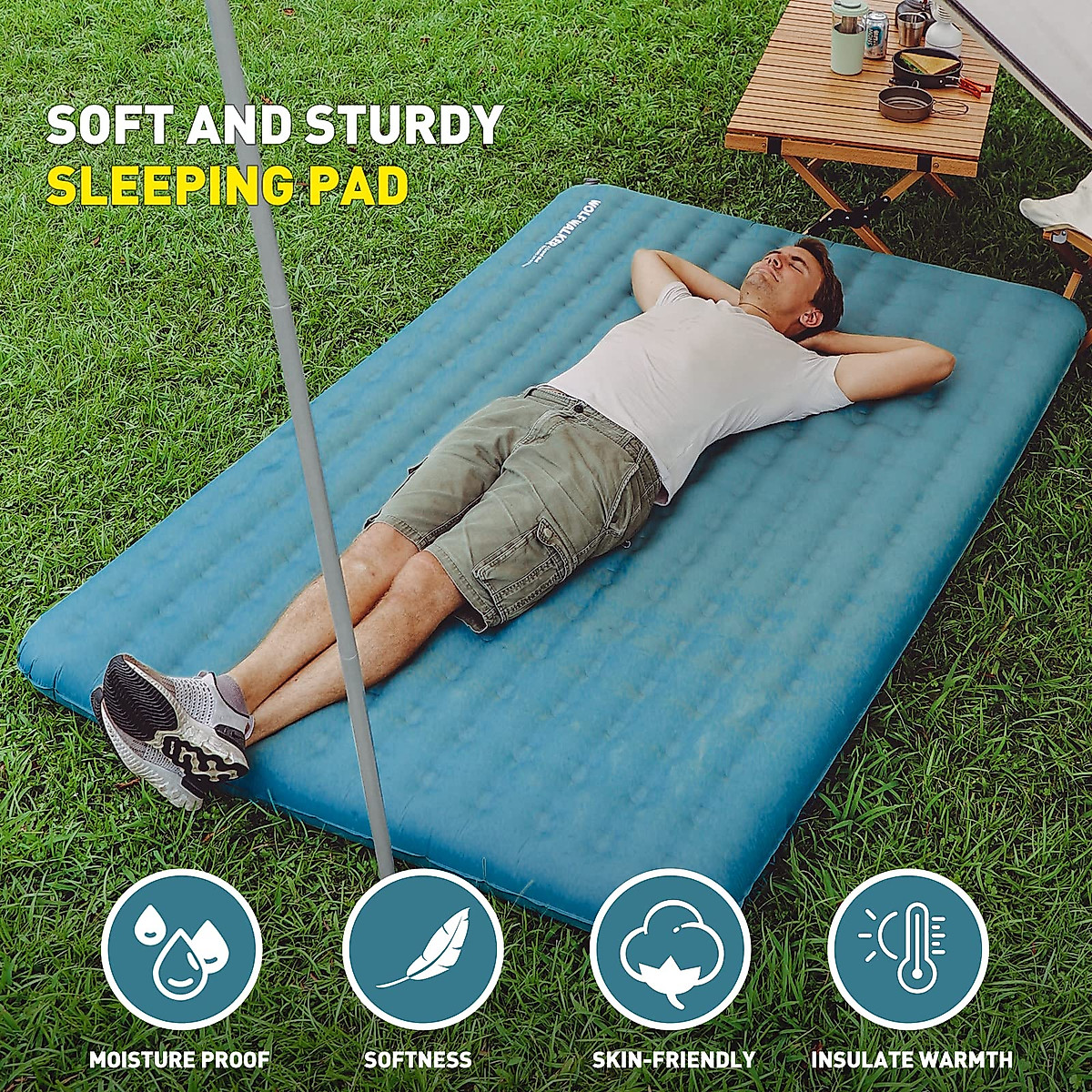 WOLF WALKER Double Sleeping Pad for Camping 2 Person Sleeping Pad Lightweight Camping Pad Air Mattress Portable Compact Self Inflating Waterproof 4 Inches Sleeping Mat for Hiking Traveling