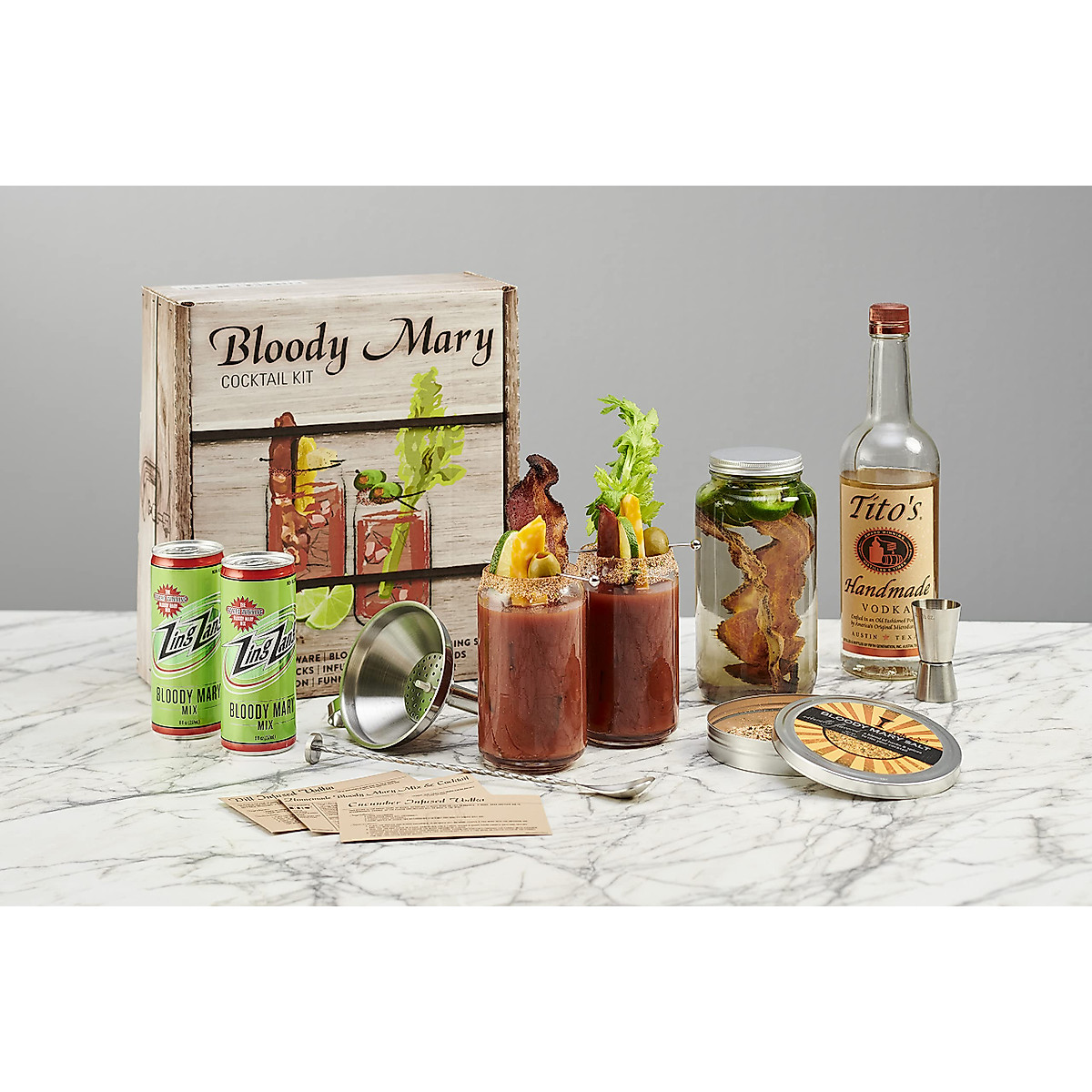 Bloody Mary Cocktail Kit: 16 oz Beer Can Drinking Glass Set | Zing Zang Bloody Mary Mix | Rokz Salt Tin | Infusion Jar | Bar Spoon | Jigger | Garnish Picks | Recipe Cards