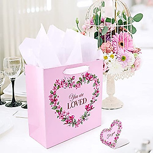 Gift Bag Set You are loved, Medium 9.4" Gift Bag With Tissue Paper, Romantic Card, And Ribbon Handles (Pink, Floral Heart, Love), Valentine's Day, Mothers Day