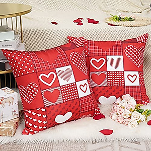 Valentine's Day Pillow Covers 18 x 18 Inch, Set of 2 Red Waterproof Throw Pillow Covers Outdoor, Love Heart Plaid Decorative Cushion Pillow Cases for Anniversary Couch Patio Furniture Bench Bed Sofa