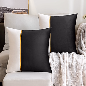 ANRODUO Pack of 2 Black Throw Pillow Covers Decorative Velvet Patchwork with Gold Leather Pillowcase Soft Solid Decoration Cushion Case Square for Couch Sofa Living Room Home Decor 16x16 Inch
