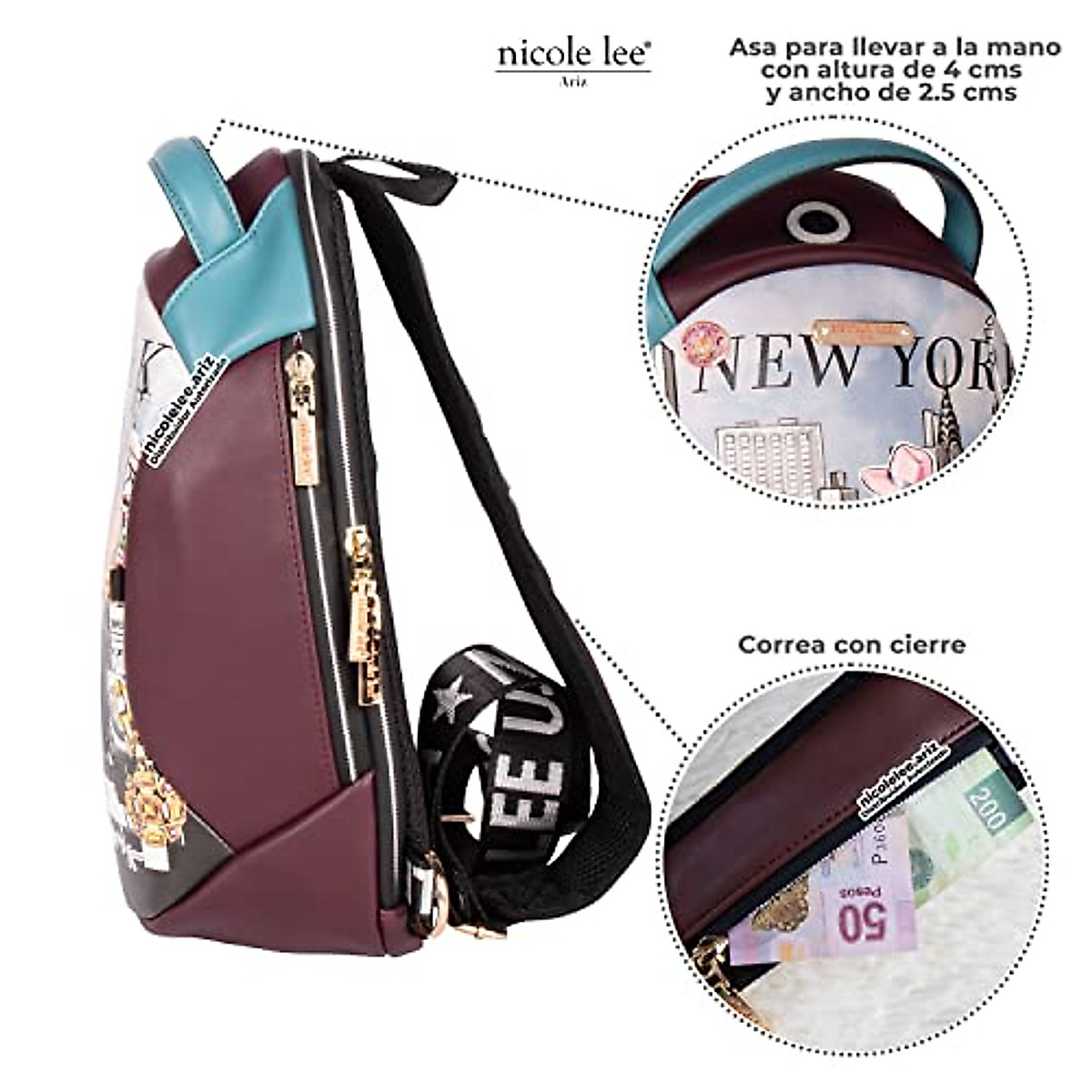 Nicole Lee Sling Backpack with USB Charging and Earphone Ports, Top Handle Travel School Crossbody Bag, Adjustable Strap (Success in New York)