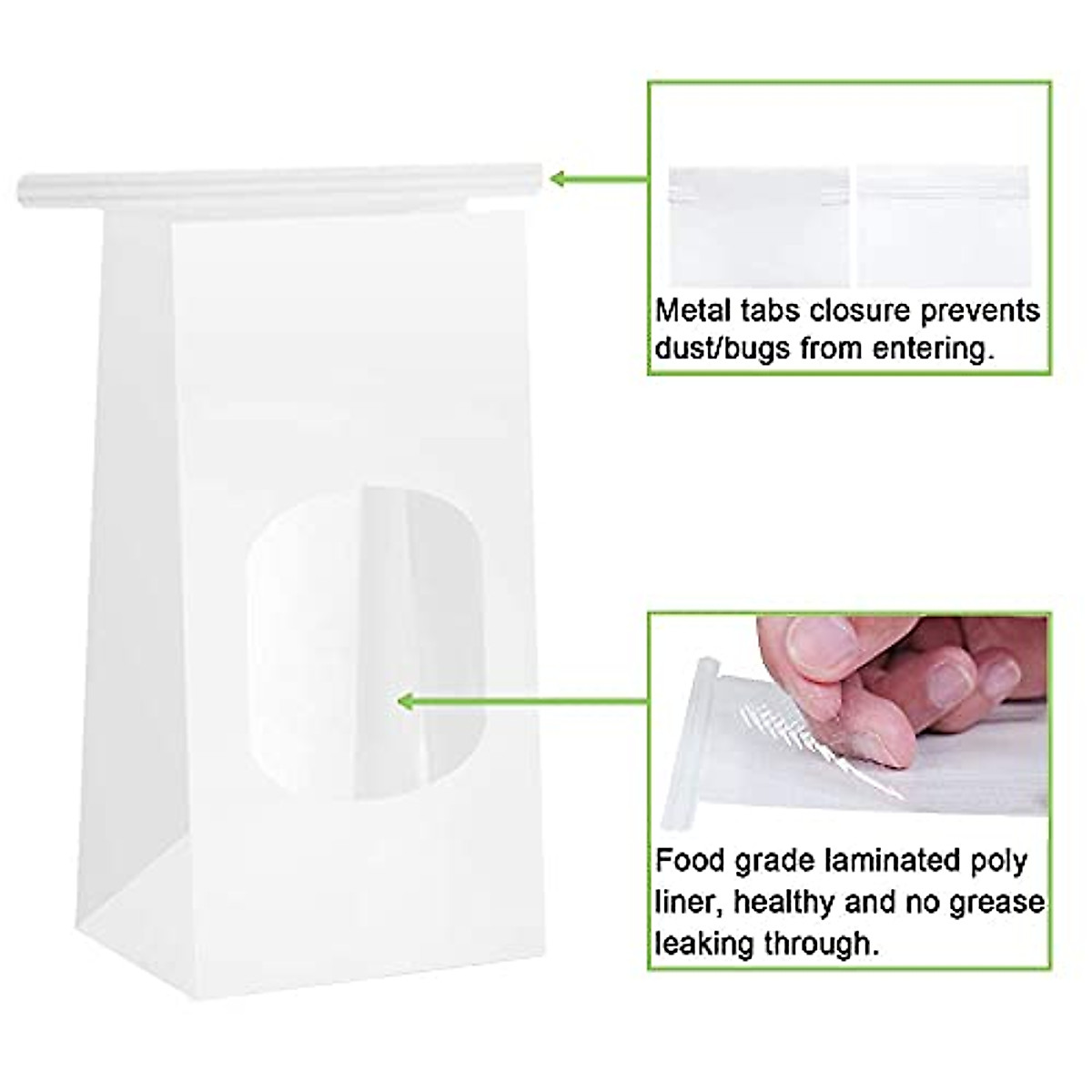 BagDream Bakery Bags with Window Kraft Paper Bags 50Pcs 3.54x2.36x6.7 Inches Tin Tie Tab Lock Bags White Window Bags Cookie Bags, Coffee Bags, Treat Bags, Popcorn Bags