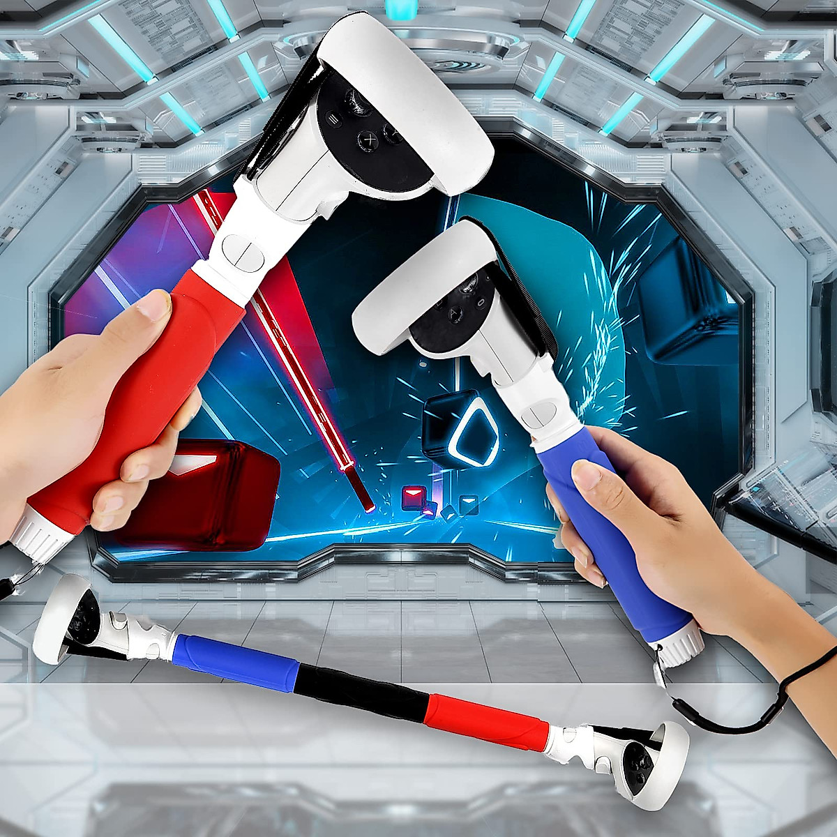 VR Game Handles Accessories,Dual/Long Handles Extension Grips for Meta/Oculus Quest 2, Comfortable Silicone Washable Multipurpose Handle for Playing Beat Saber Games