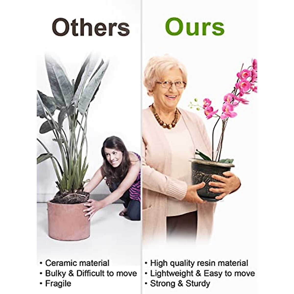 MADHOLLY Plant Pots with Drainage Holes & Saucers- Lightweight Resin Flower Pots- Retro Decorative Resin Planters for Indoor Outdoor Garden Flowers Plants (3 Pack)