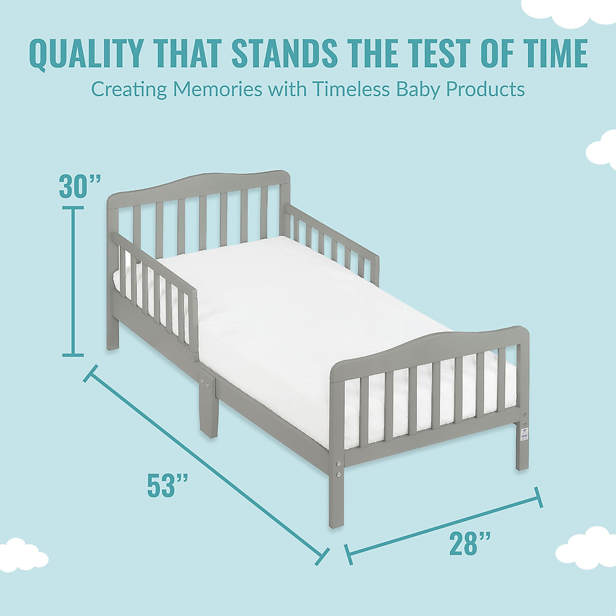 Dream On Me Classic Design Toddler Bed In Cool Grey, Greenguard Gold And JPMA Certified, Low To Floor Design, Two Side Safety rails, Non-Toxic Finishes, Wooden Nursery Furniture