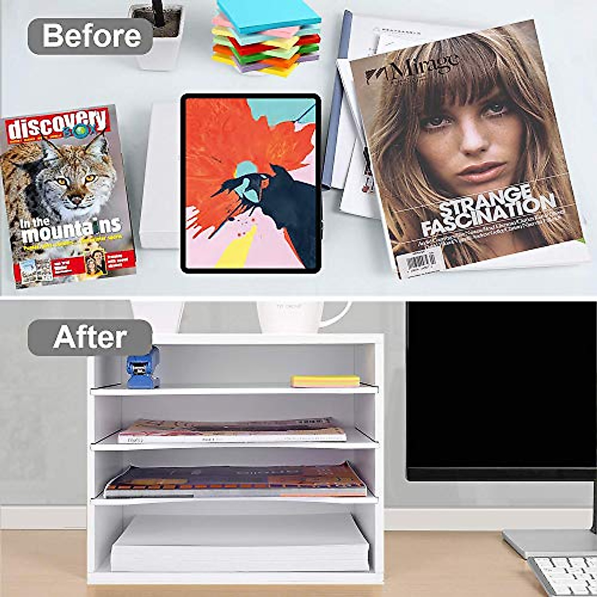 eMerit Wood Desktop Organizer Paper Storage Letter Tray File Sorter with Adjustable Shelves for Home Office,White