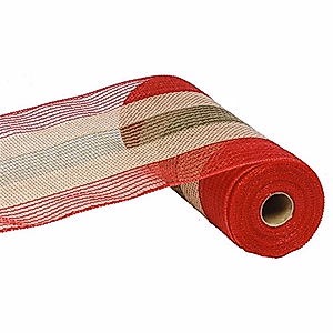 Christmas Deco Poly Jute Mesh, Natural Brown, Red, Moss Green Cotton Stripe, 10 Inch x 30 Feet