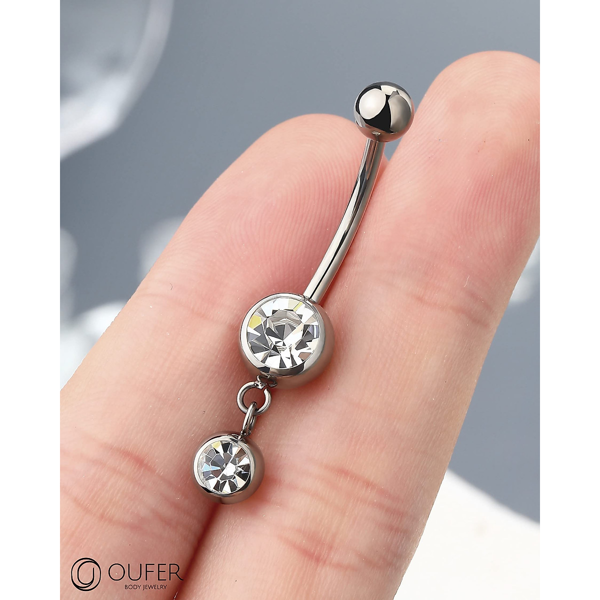OUFER Dangle Belly Button Rings, G23 Solid Titanium Belly Ring, 14G Clear CZ Long Belly Piercing Jewelry, Lead & Nickel Free Navel Rings for Women Men-16MM