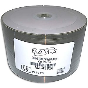 52X 80-Min MAM-A (Mitsui) White Inkjet HUB Printable/Gold CD-R's 50-Pak in Shrinkwrap