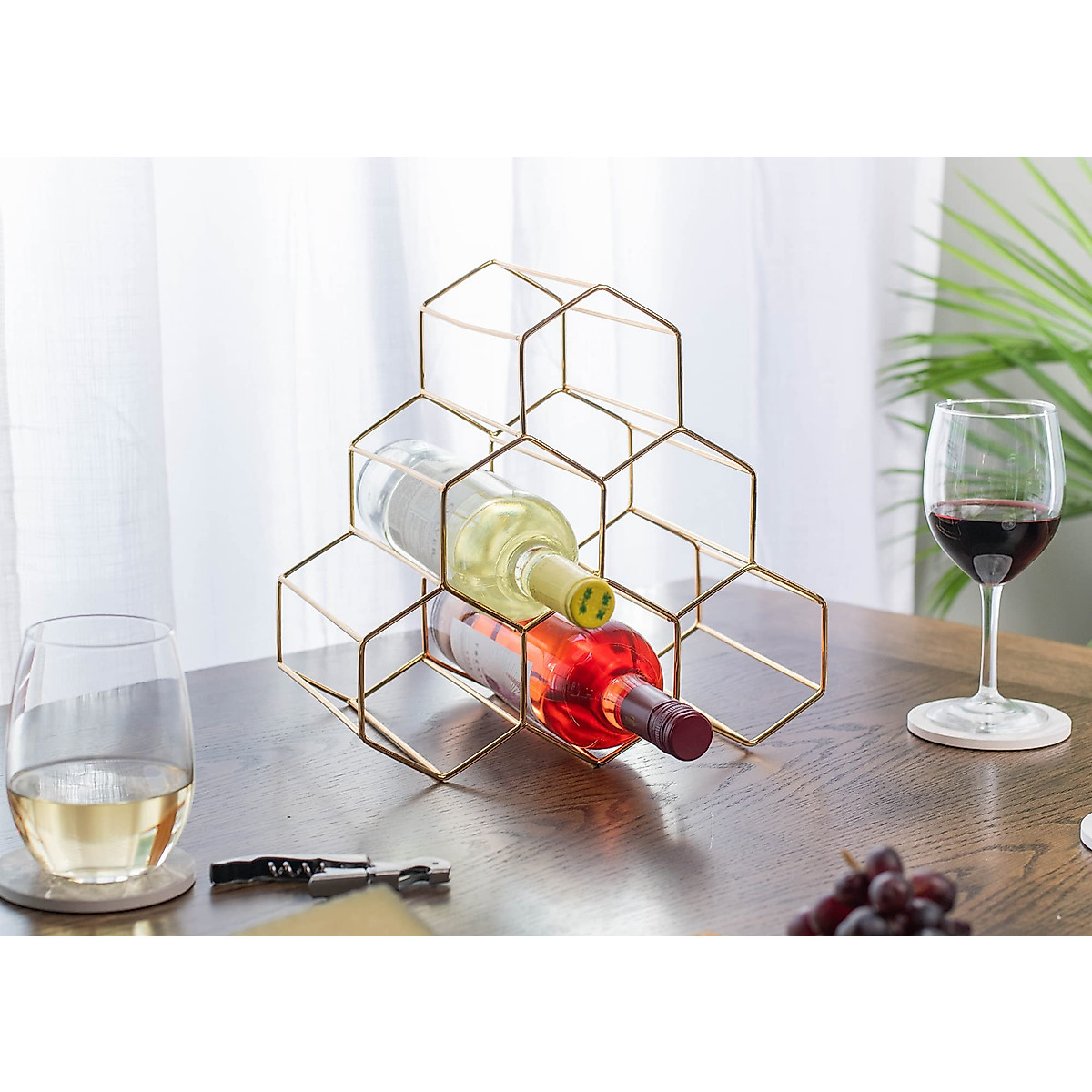 NAT & Jules Honeycomb Gold Tone Iron Metal Tabletop Wine Rack - Holds 6 Bottles