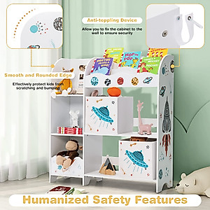 HONEY JOY Kids Toy Storage Organizer, Wooden Storage Unit with 2 Storage Boxes, Toddler Storage Display Bookshelf Daycare Furniture for Playroom, Children’s Room, Living Room(Planet)