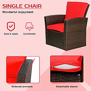 4 Pieces Patio Conversation Set, Outdoor PE Rattan Wicker Sofa Furniture Set with Soft Cushions and Glass Coffee Table for Backyard Lawn Garden Balcony Porch Poolside,Red