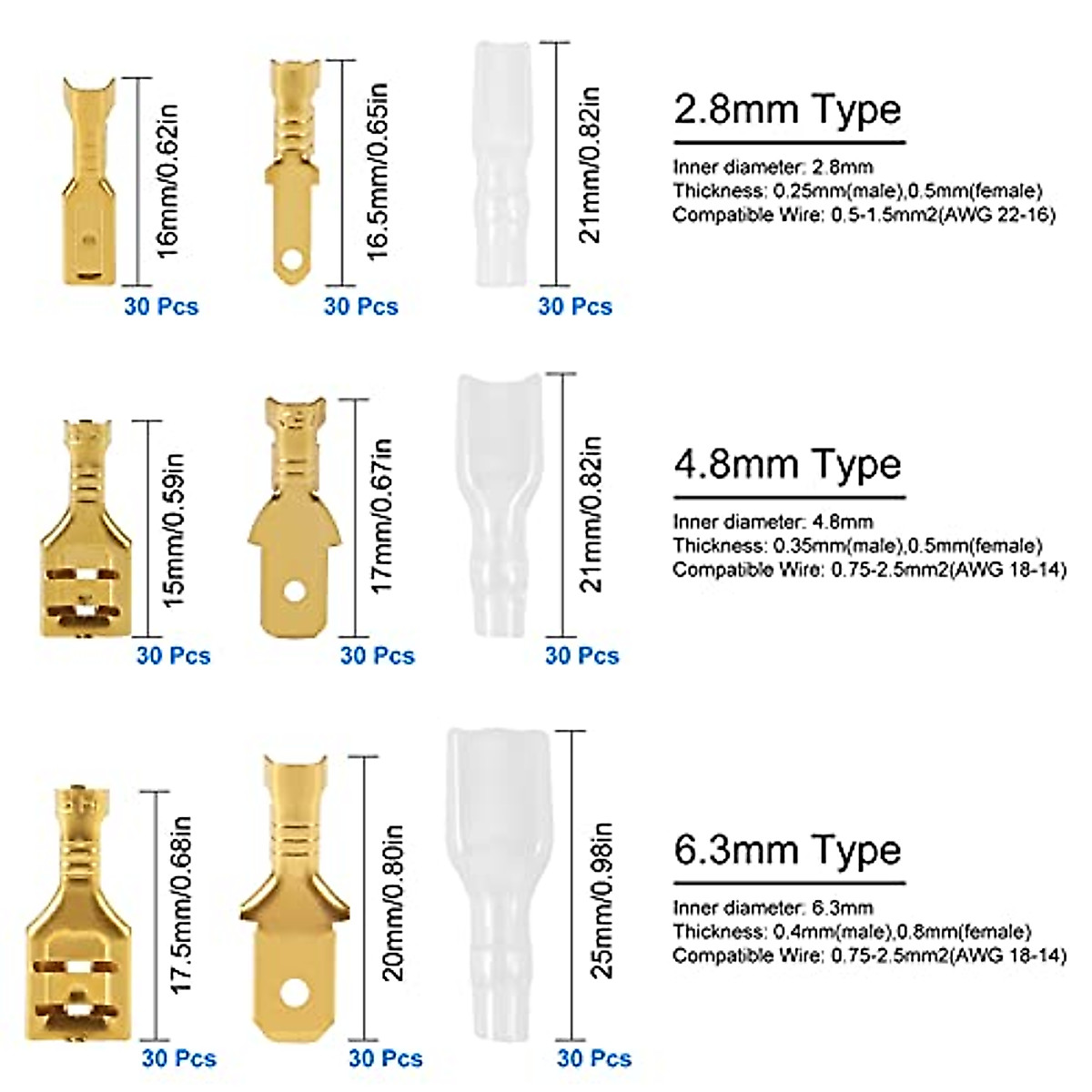 ACEIRMC 270Pcs Assortment Kit Quick Splice Male and Female Wire Spade 2.8/4.8/6.3mm Connector Crimp Terminal Block with Insulating Sleeve for Electrical Wiring Car Audio Speaker (Gold)