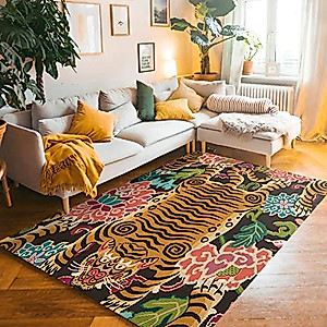 Bohemian Tibetan Tiger and Floral Area Rug Hand Woven Vintage Tiger Area Rug Colorful Moroccan Rug,Tiger Rugs for Color 4X6 ft