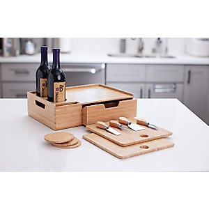 MV Bamboo Wine & Cheese Serving Tray Plus Drawer for Extra Storage Includes Coasters, Cheese Knives, Serving Boards & Handles for Easy Carrying