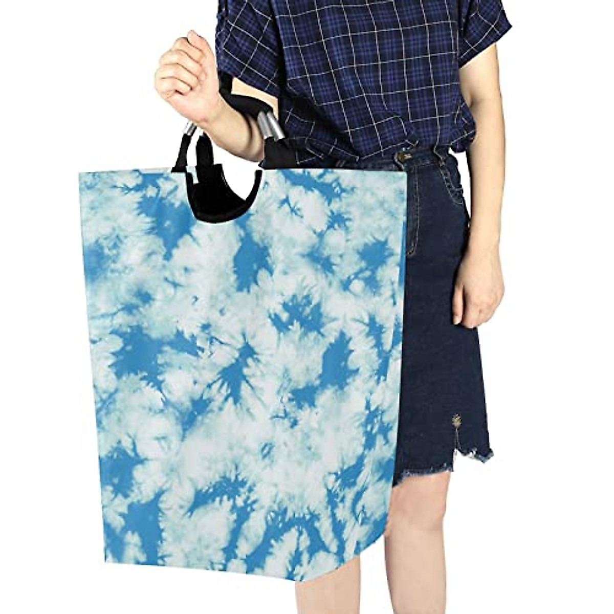 susiyo Blue White Tie Dye Laundry Hamper Collapsible Laundry Basket Organizer Storage Bin for Dorm Clothes