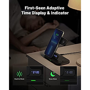 INIU 3 in 1 Wireless Charging Station, 15W Fast Phone Wireless Charger Stand Dock for Apple Watch Charger Stand Series 8 7 6 5 4 3 SE Ultra, iPhone 14 13 12 11 Pro Max Mini, Airpods Pro (with Adapter)