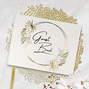 fusuu Wedding Guest Book – 120-Pages Guestbook for Wedding – White Boho Wedding Book with Orchid Flower Design and Embossed Gold Foil – Sign-in Wedding Planner Book for Wedding Reception