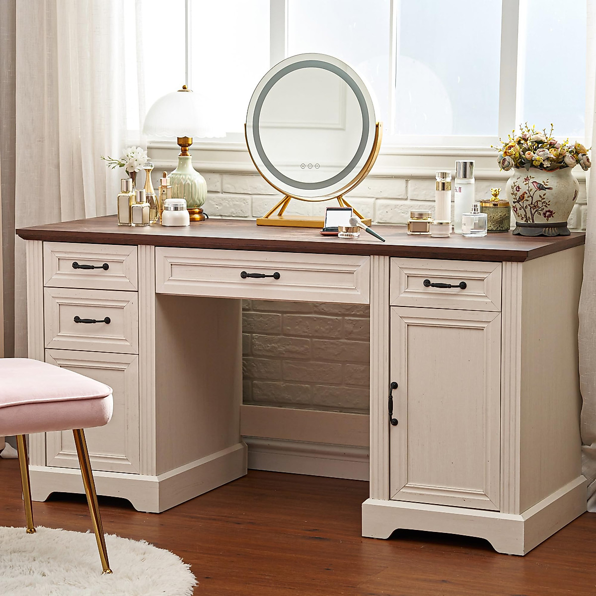 AHB 58" Executive Desk, Home Office Desk with Drawers and Cabinet, Wooden Workstation with Storage, Farmhouse Desk for Writing, Studying, Working