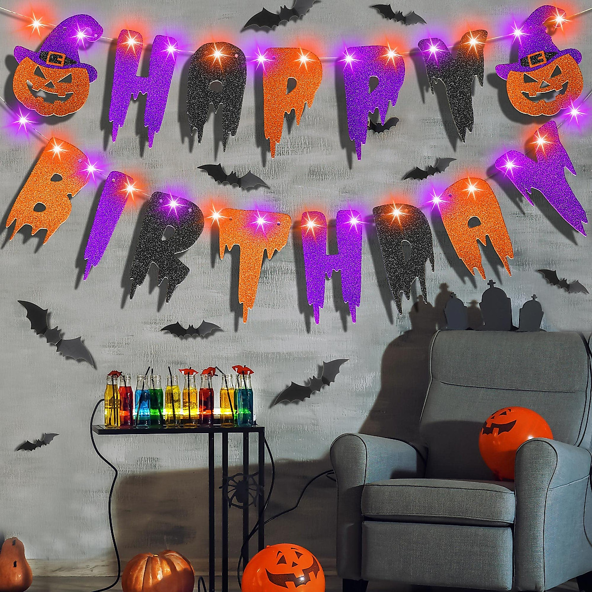 St Patrick's Day Happy Birthday Banner with Green Light, Glitter Irish Shamrock Hat LED Decorations, 8 Modes 10 Feet String Light Party Supplies(Pumpkin)