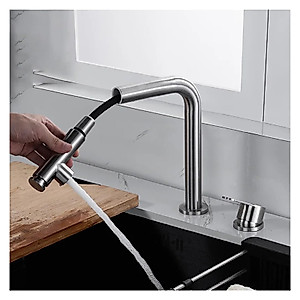 LKBEJMYY Kitchen Pull-Out Sprayer Hidden Lifting Telescopic Sink 360-degree Rotating hot and Cold Water Mixing Faucet Double Hole Split, Brushed