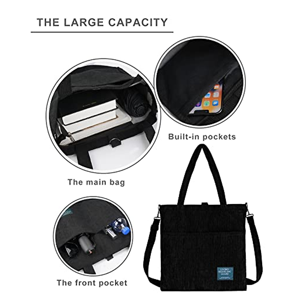 WULIQIUQIU Corduroy Crossbody Bag for Women Convertible Backpack Over The Shoulder Tote Purse Student Fashion Handbag Black