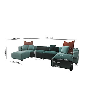 LLappuil Modern Modular Sectional Living Room Sofa Set, Low Back Minimalist Style Couch, Soft Fabric 6 Seater Oversized 138.4" U Shaped Sofa, Dark Green + Aqua Blue